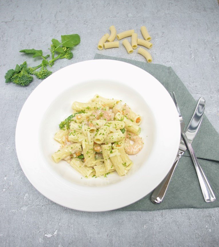 Dietitian Chef K's Prawn Rigatoni with Diced Carrots and Tender-stem ...